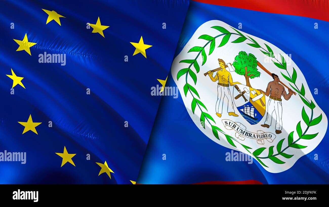 European Union and Belize flags. 3D Waving flag design. European Union ...