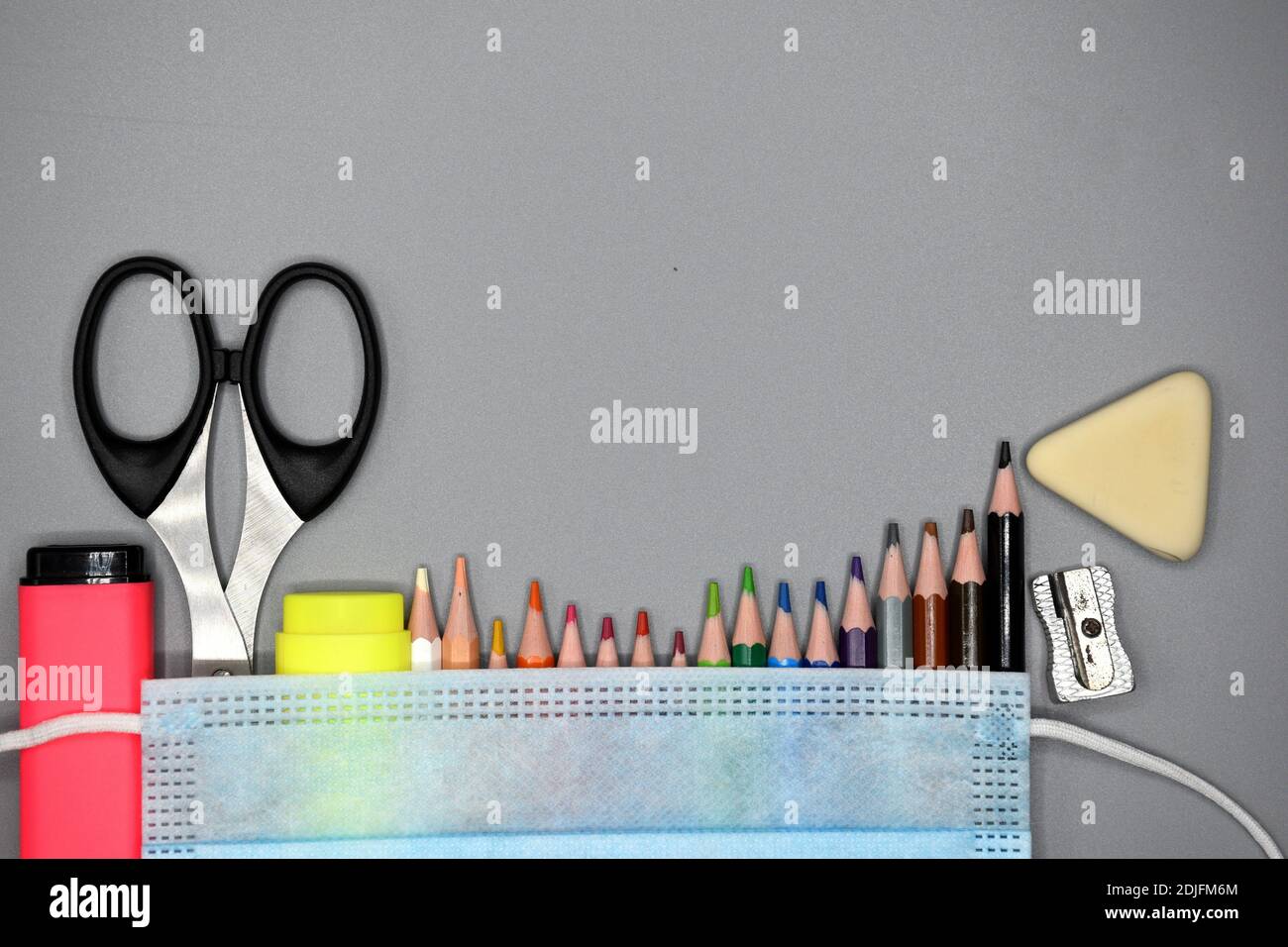 School supplies, colored pencils, pencil sharpener, eraser, markers and ...