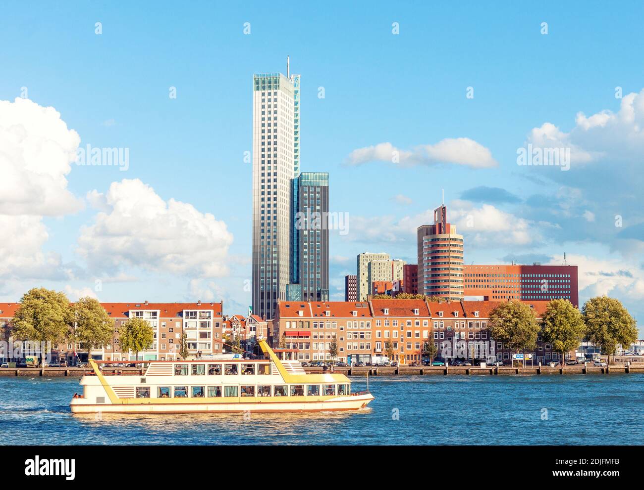 Rotterdam skyline view with tourist boat in bay and modern office ...