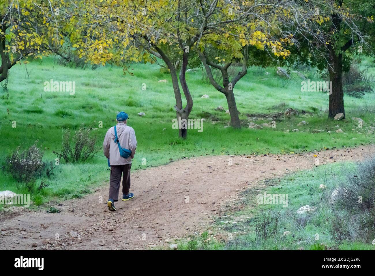 A man hiking on a nature path near Jerusalem, Israel, surrounded by ...