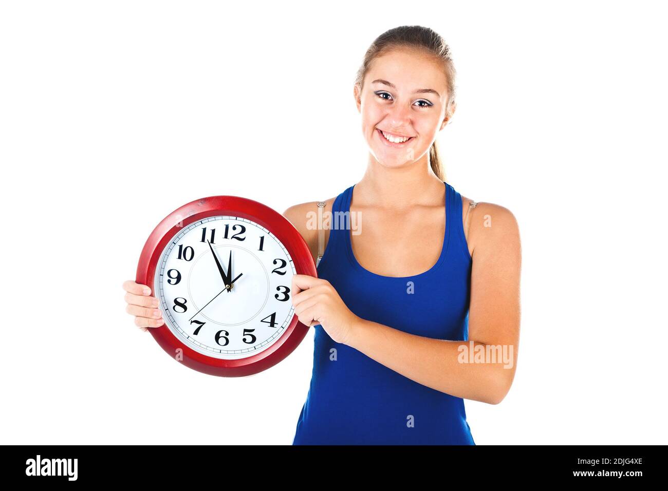 teenager with clock isolated on a white background Stock Photo - Alamy