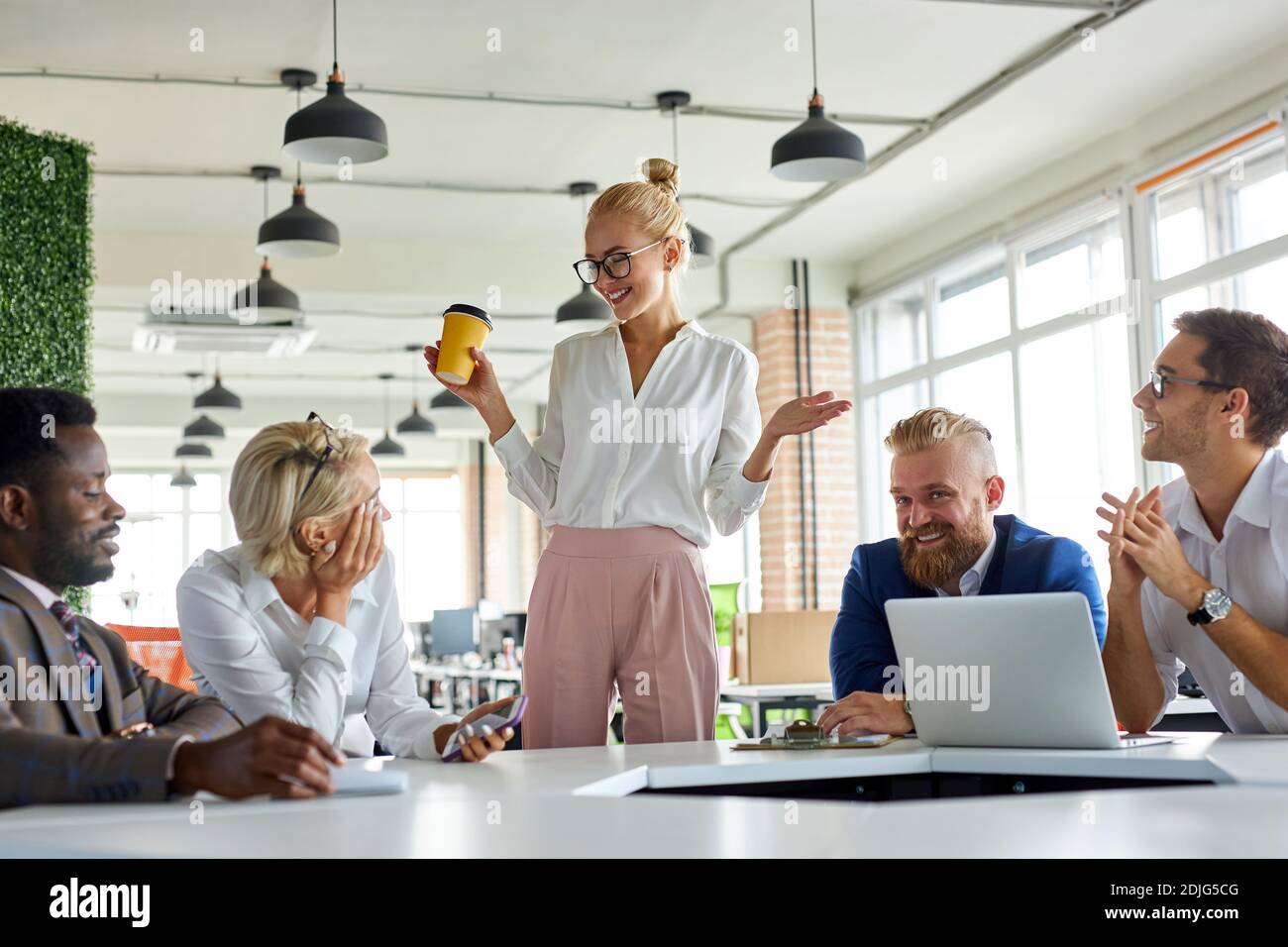 good-looking pleasant female boss executive discuss business ideas with ...
