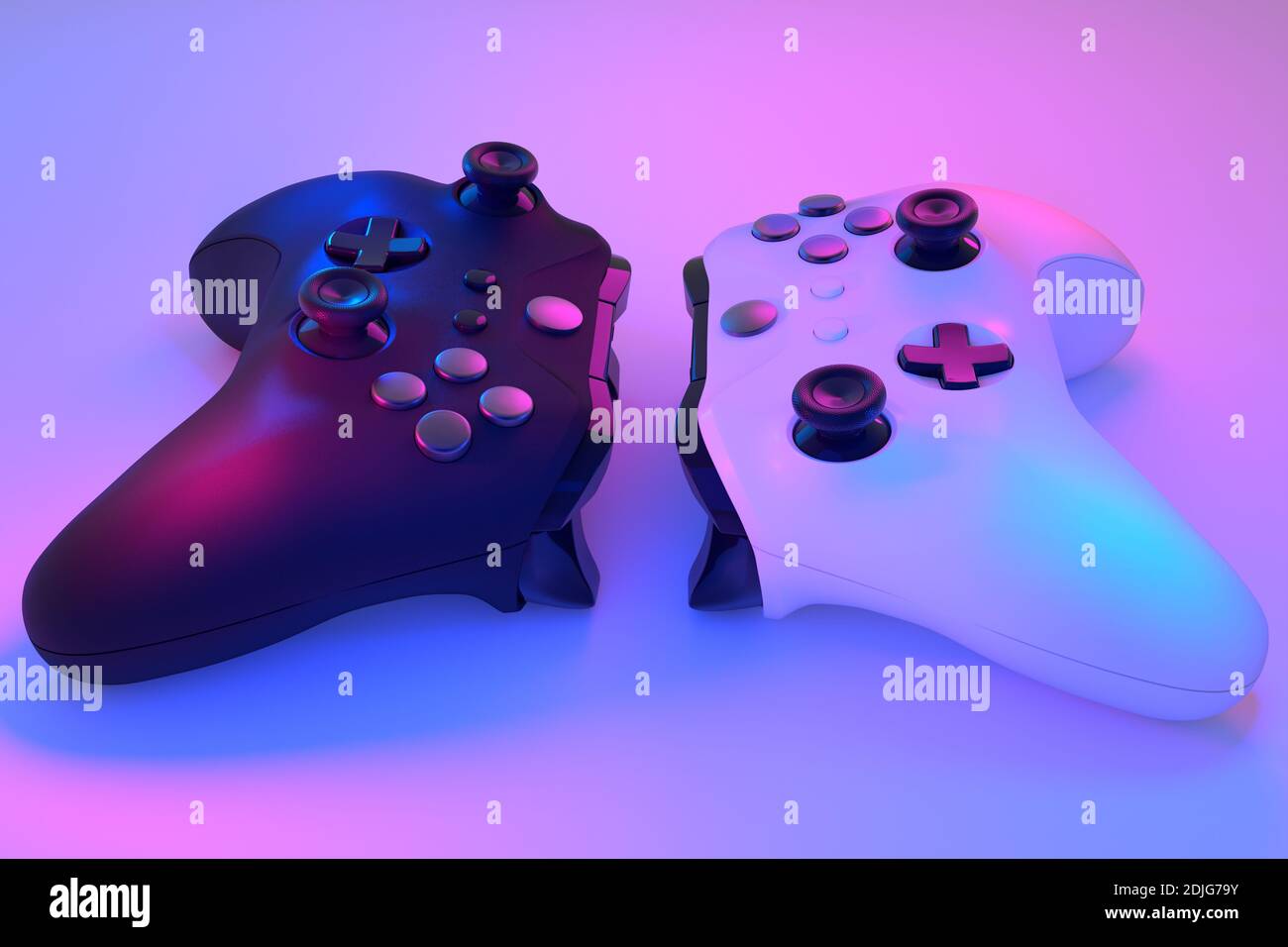 Realistic video game controllers in neon lights on white table ...