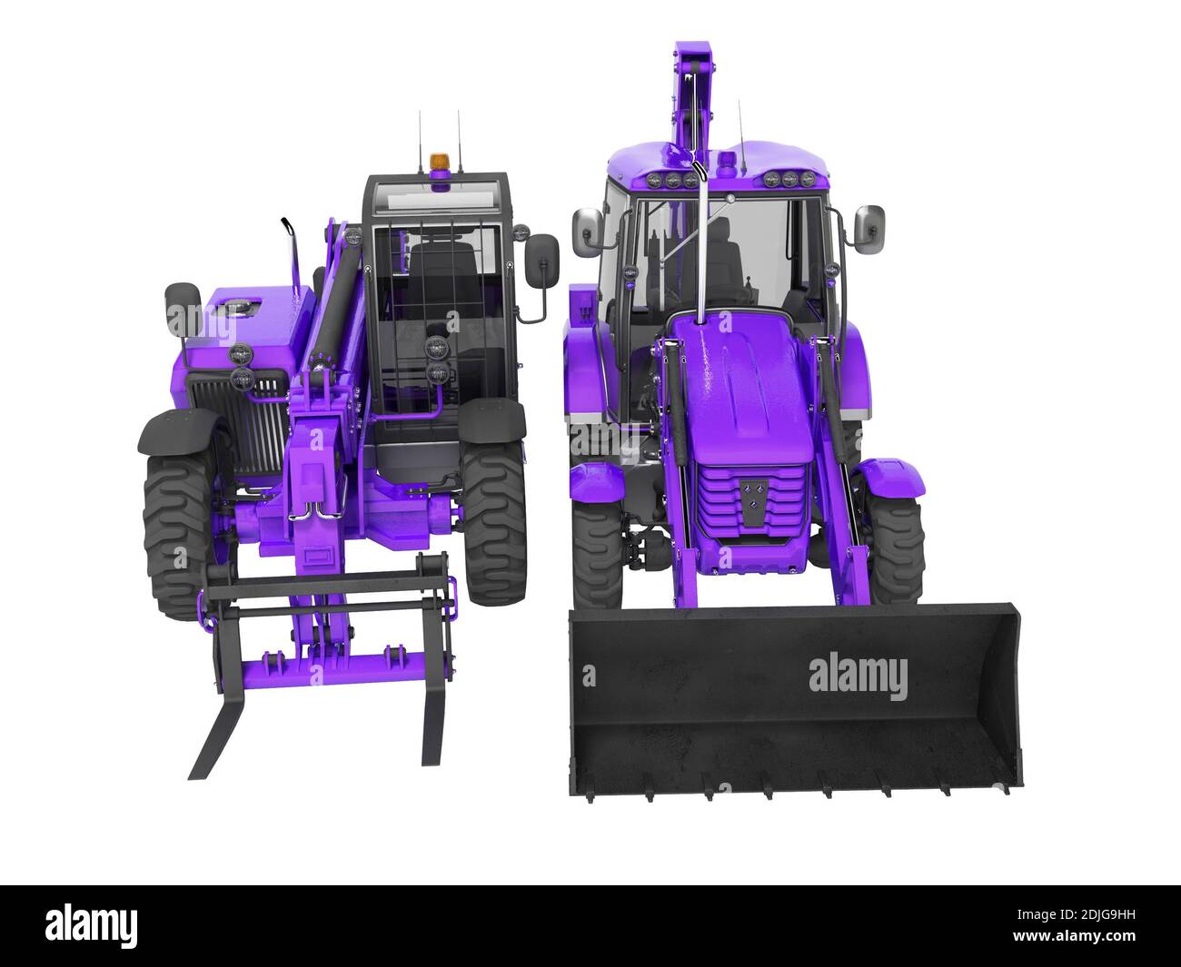3D rendering purple loading equipment backhoe loader and excavator ...