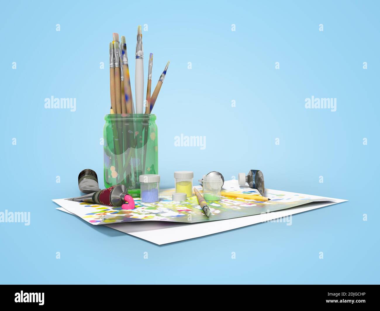 3d rendering set for drawing with paints on blue background with shadow ...
