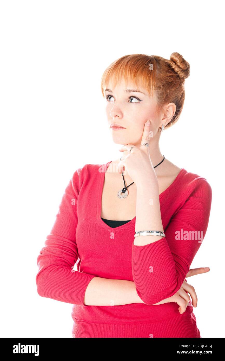 thinking woman isolated on a white background Stock Photo - Alamy