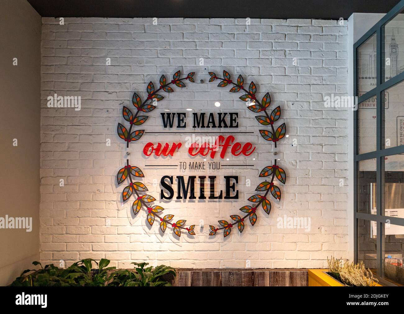 A picture of a nice coffee-related quote inside a coffee shop Stock ...