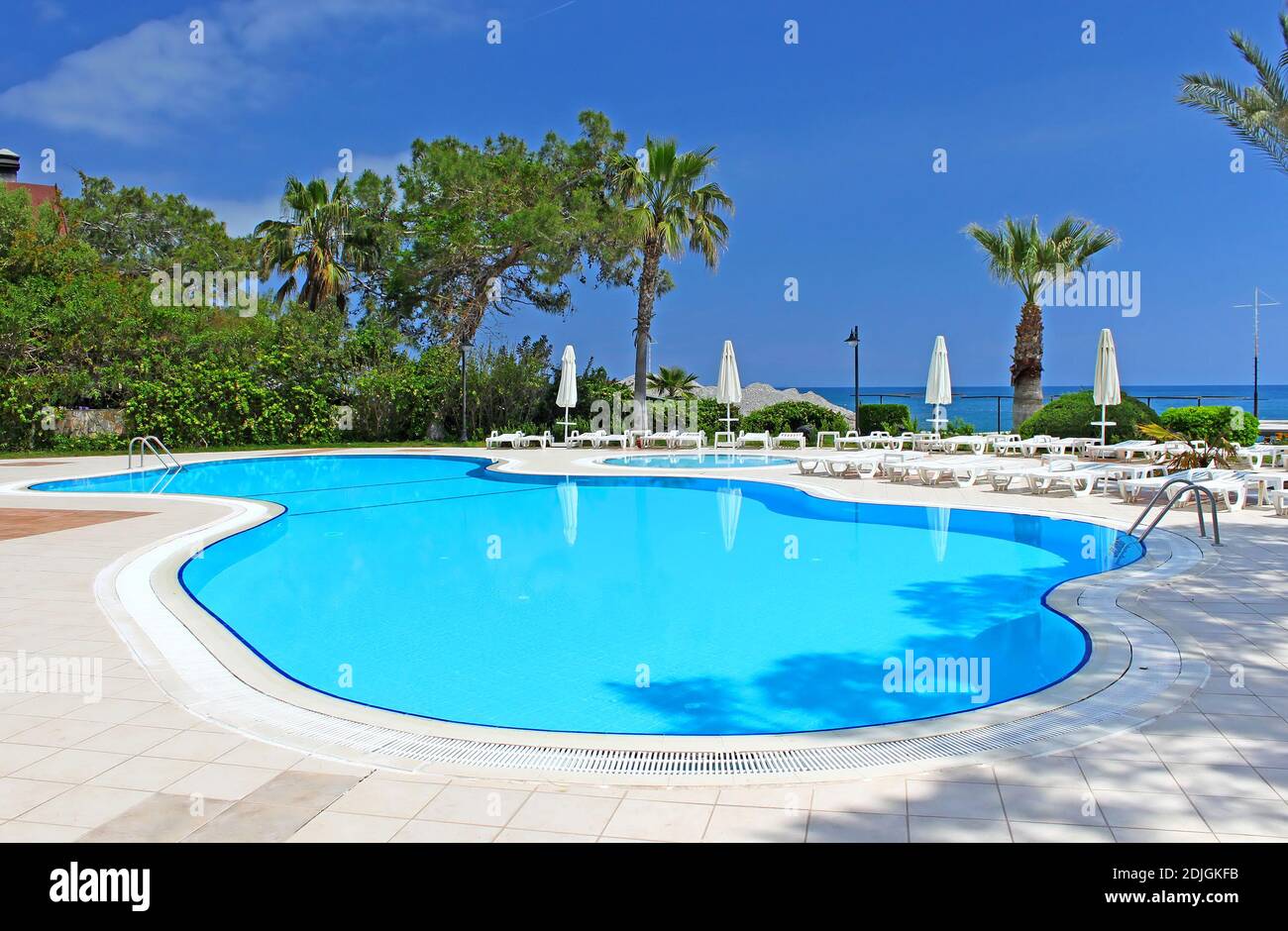 Swimming pool area near Mediterranean Sea in Antalya, Turkey Stock ...