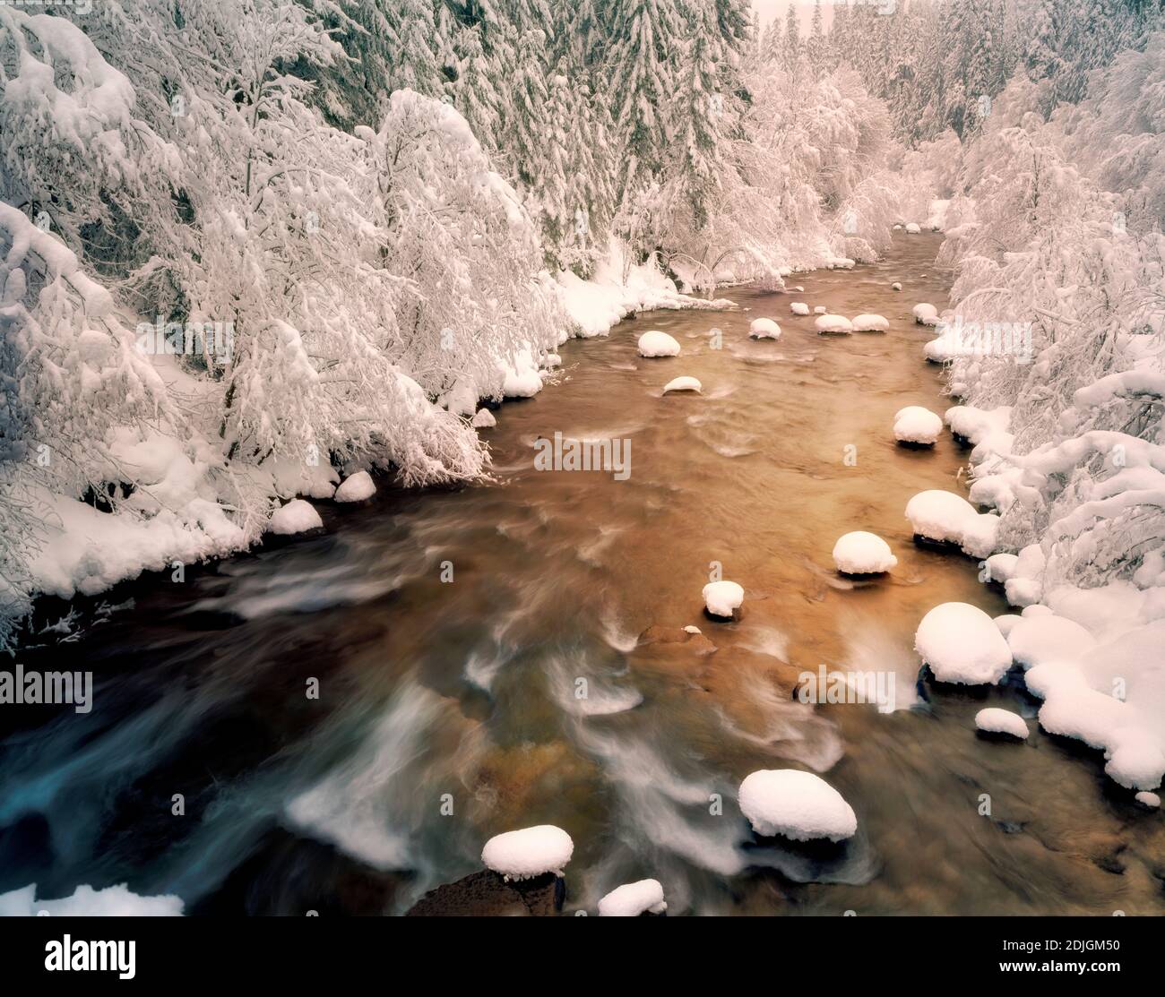 Snowfall on North Santiam River, Oregon Stock Photo - Alamy
