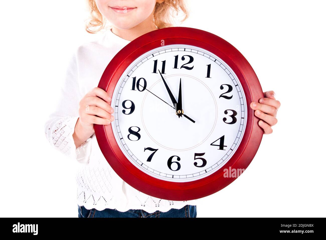 girl with clock isolated on a white background Stock Photo - Alamy