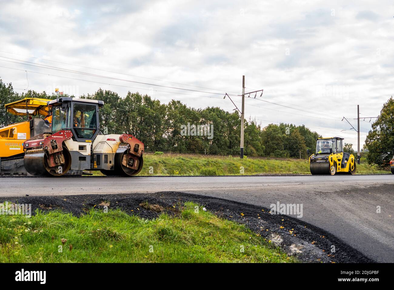 KYIV, UKRAINE - September 25, 2020: Heavy asphalt road roller with ...