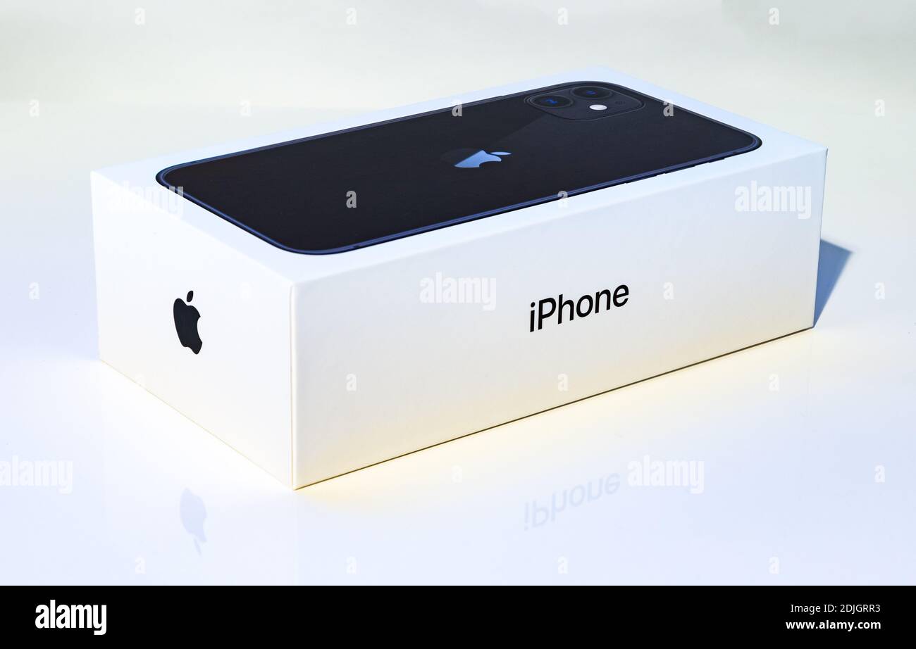 A picture of the Apple iPhone 11 box as seen from the side Stock Photo ...