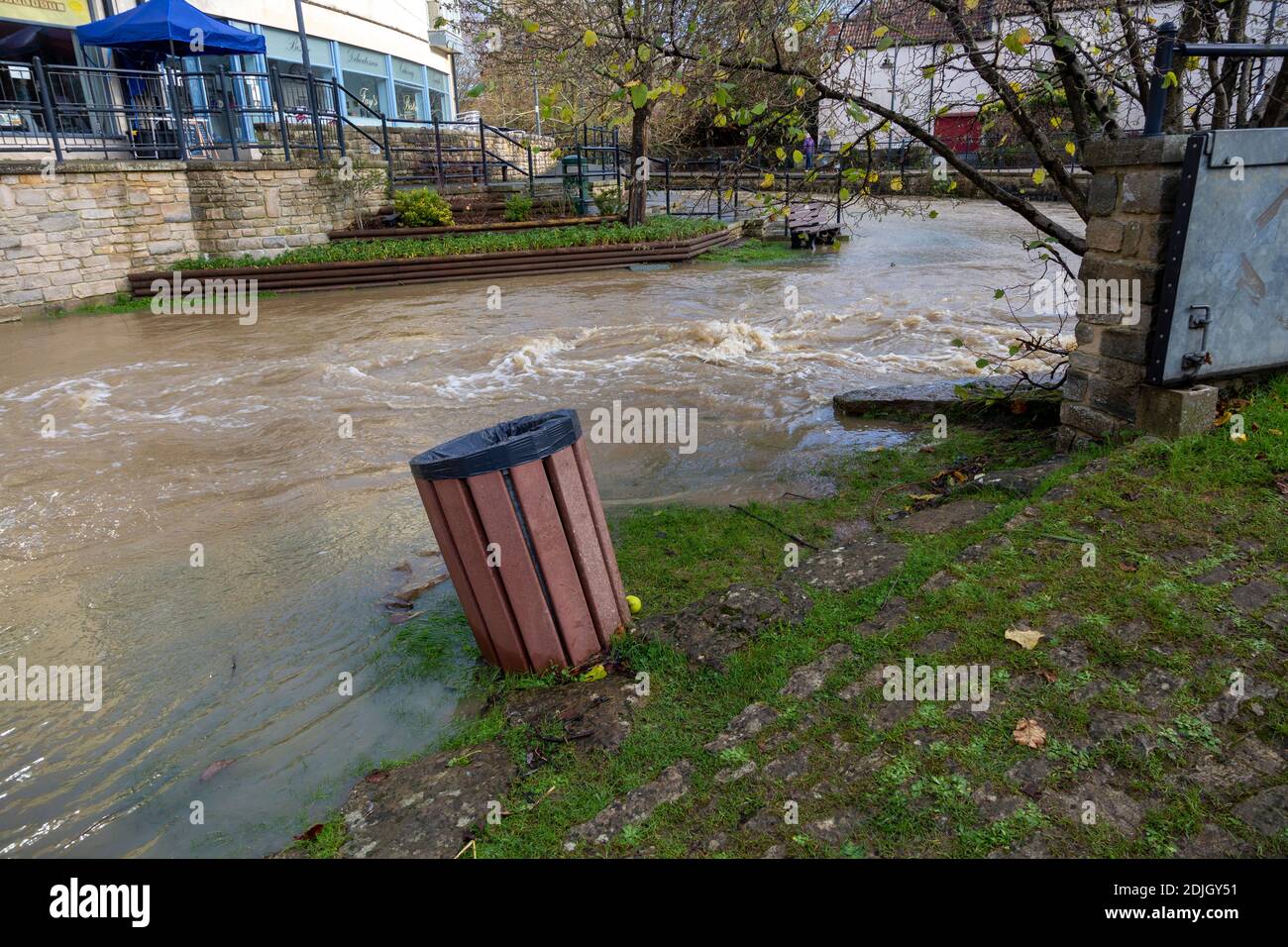 River Marden high water level after winter rain, Calne town centre ...