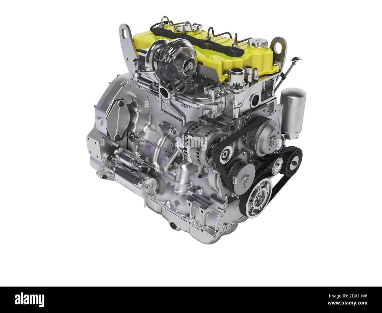 3D rendering yellow diesel engine for car perspective on white ...