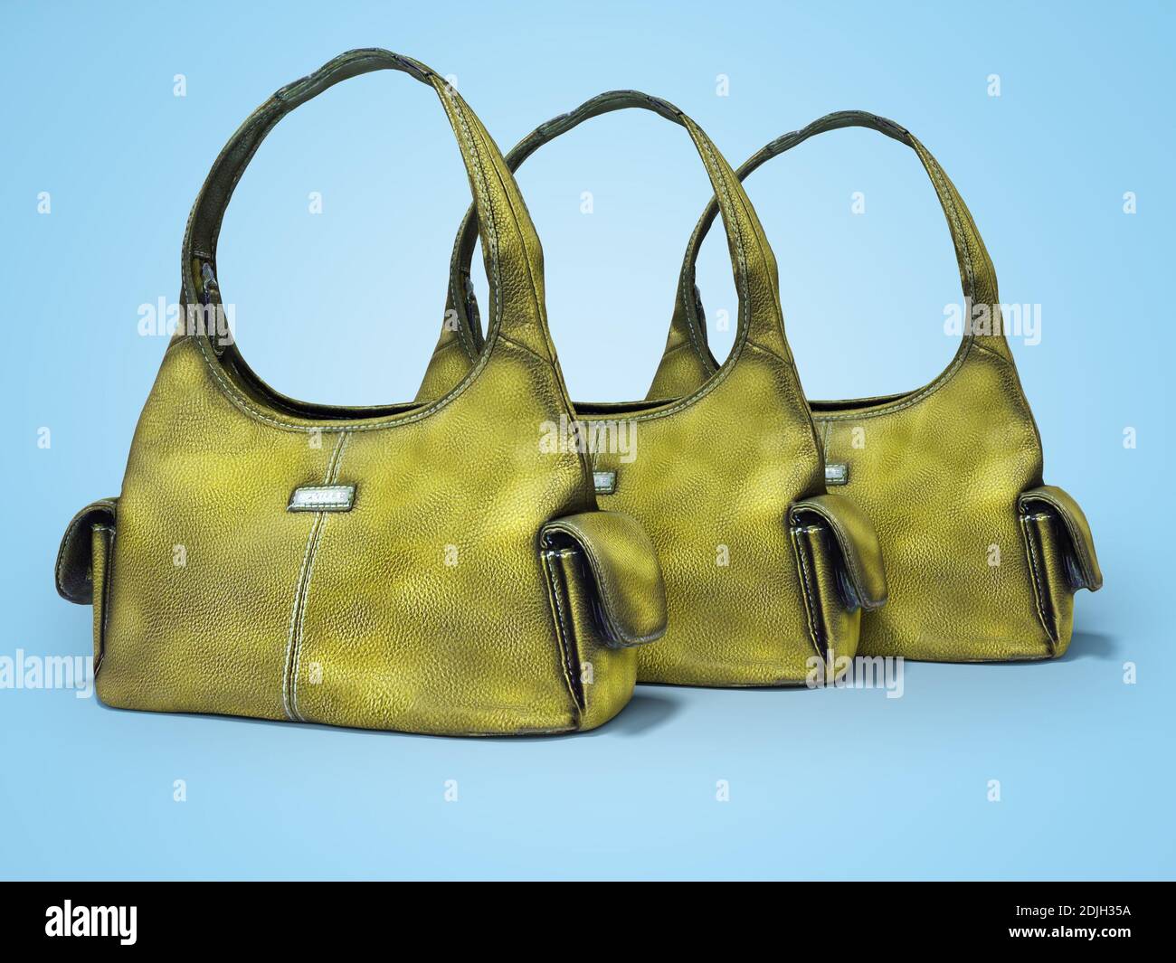 3D rendering yellow three bag with one leather handle isolated on blue ...