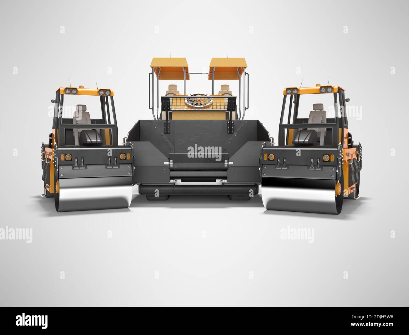 Asphalt spreader machine and two road roller getting ready for work ...