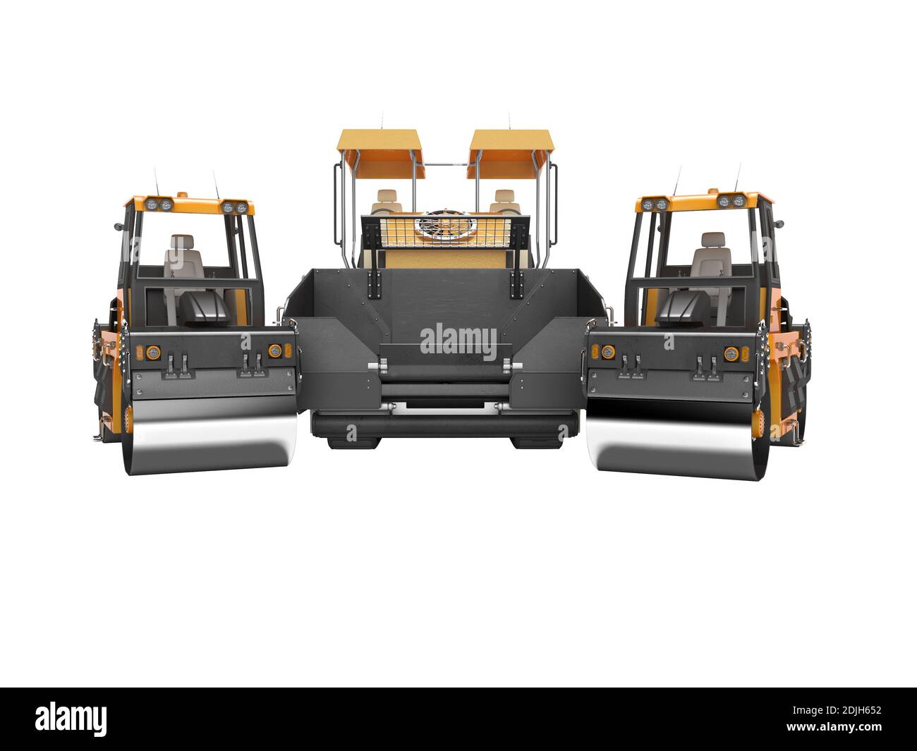 Asphalt spreader machine and two road roller getting ready for work ...