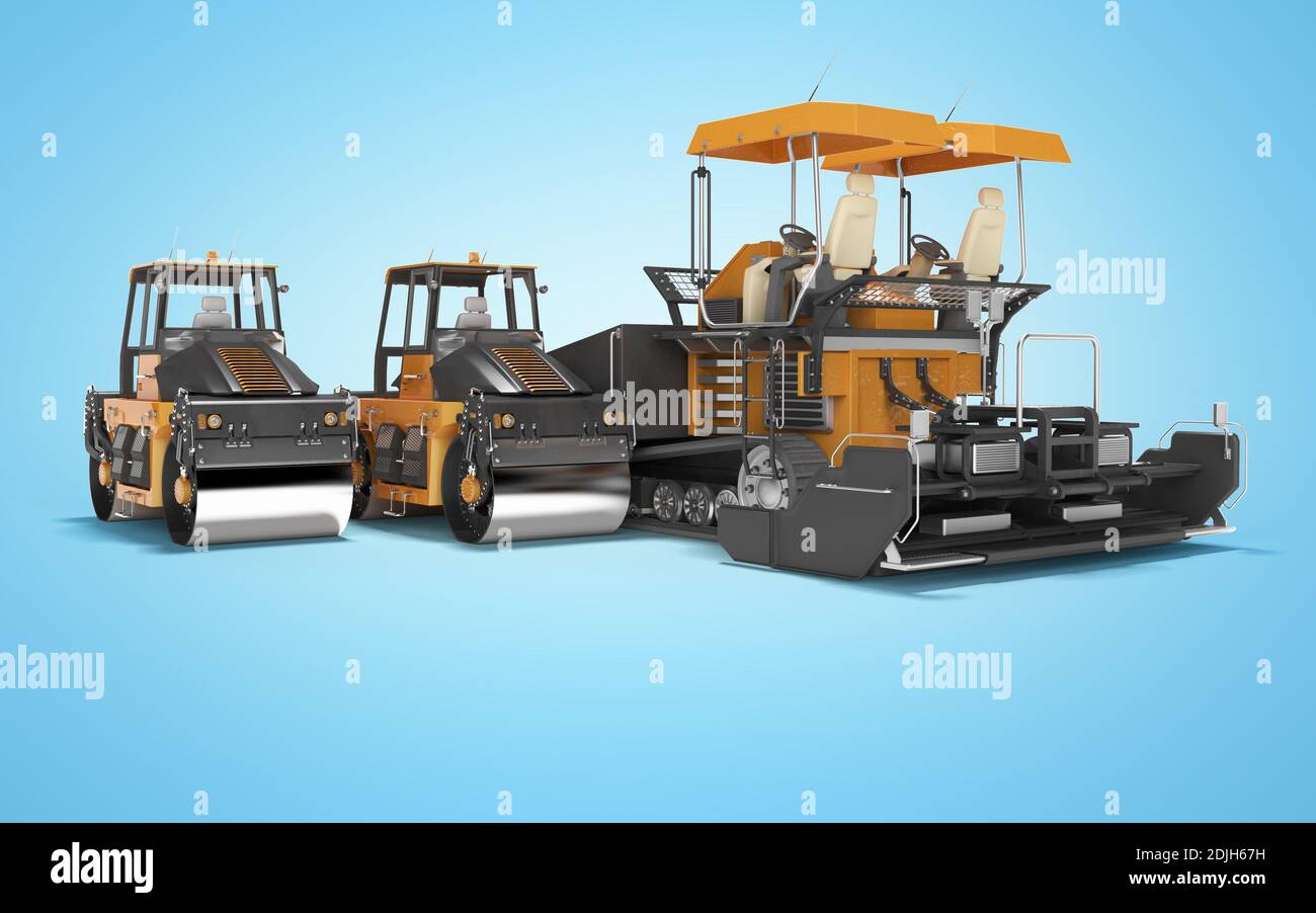 Asphalt spreader machine and two road roller getting ready for work ...