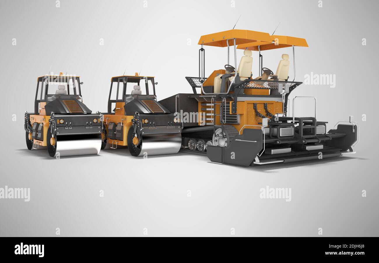 Asphalt spreader machine and two road roller getting ready for work ...