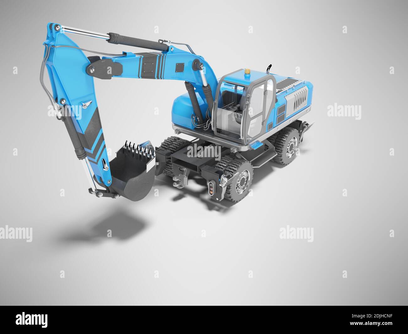 Blue hydraulic wheeled excavator perspective view 3D rendering on gray ...