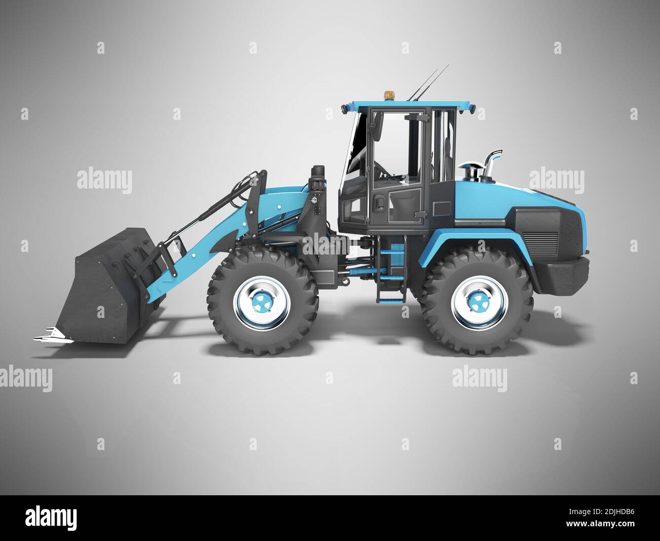 Blue large road frontal loader side view 3D rendering on gray ...