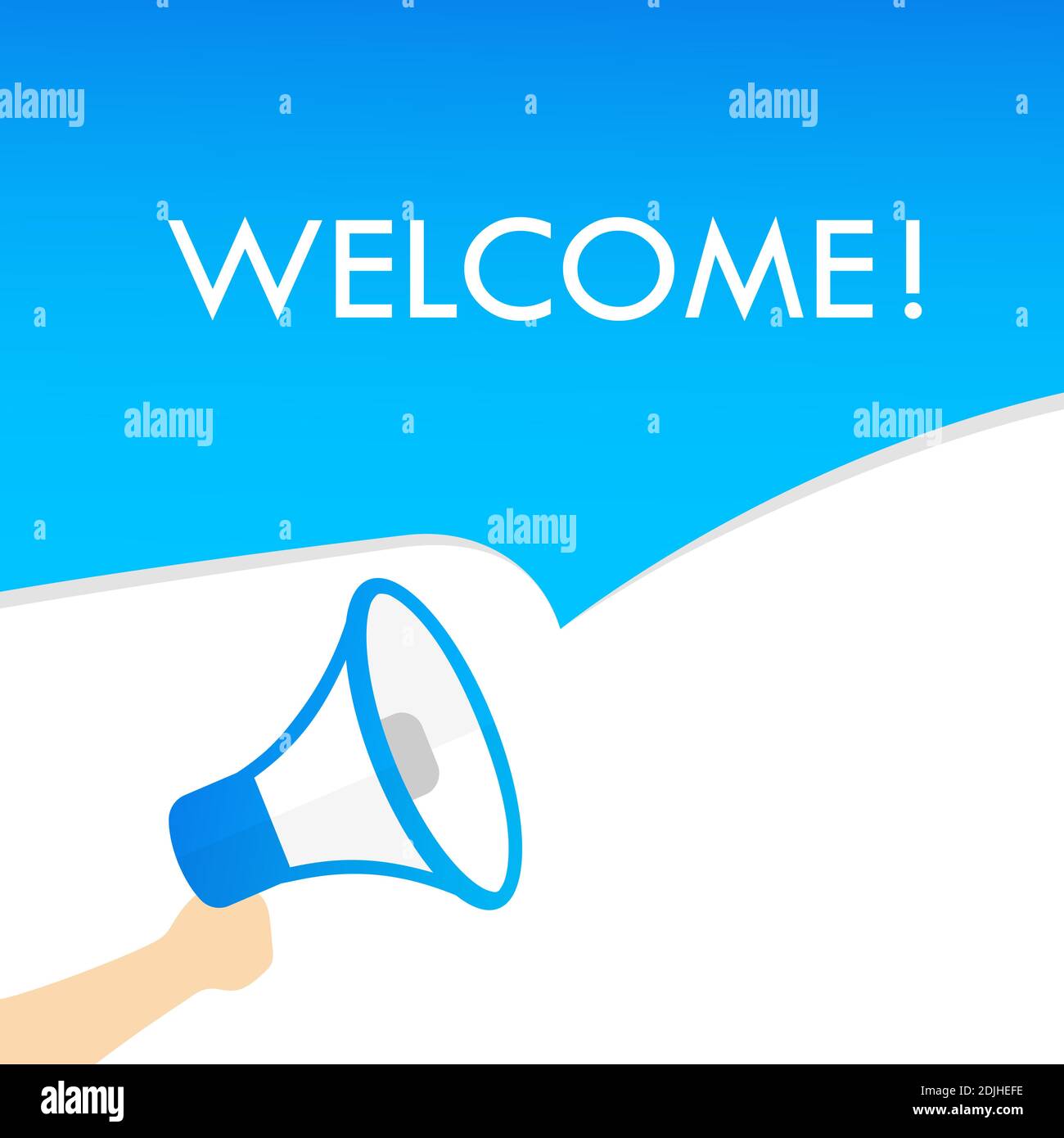 MobileHand holding megaphone with welcome text. Announcement ...