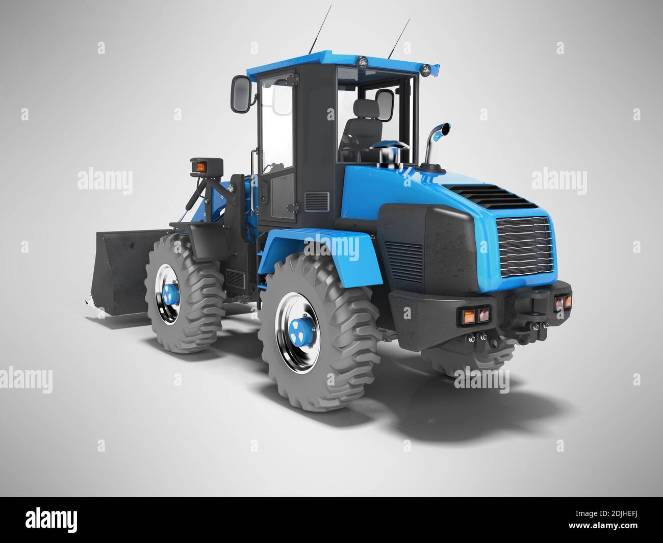 Blue road front loader rear view 3D rendering on gray background with ...