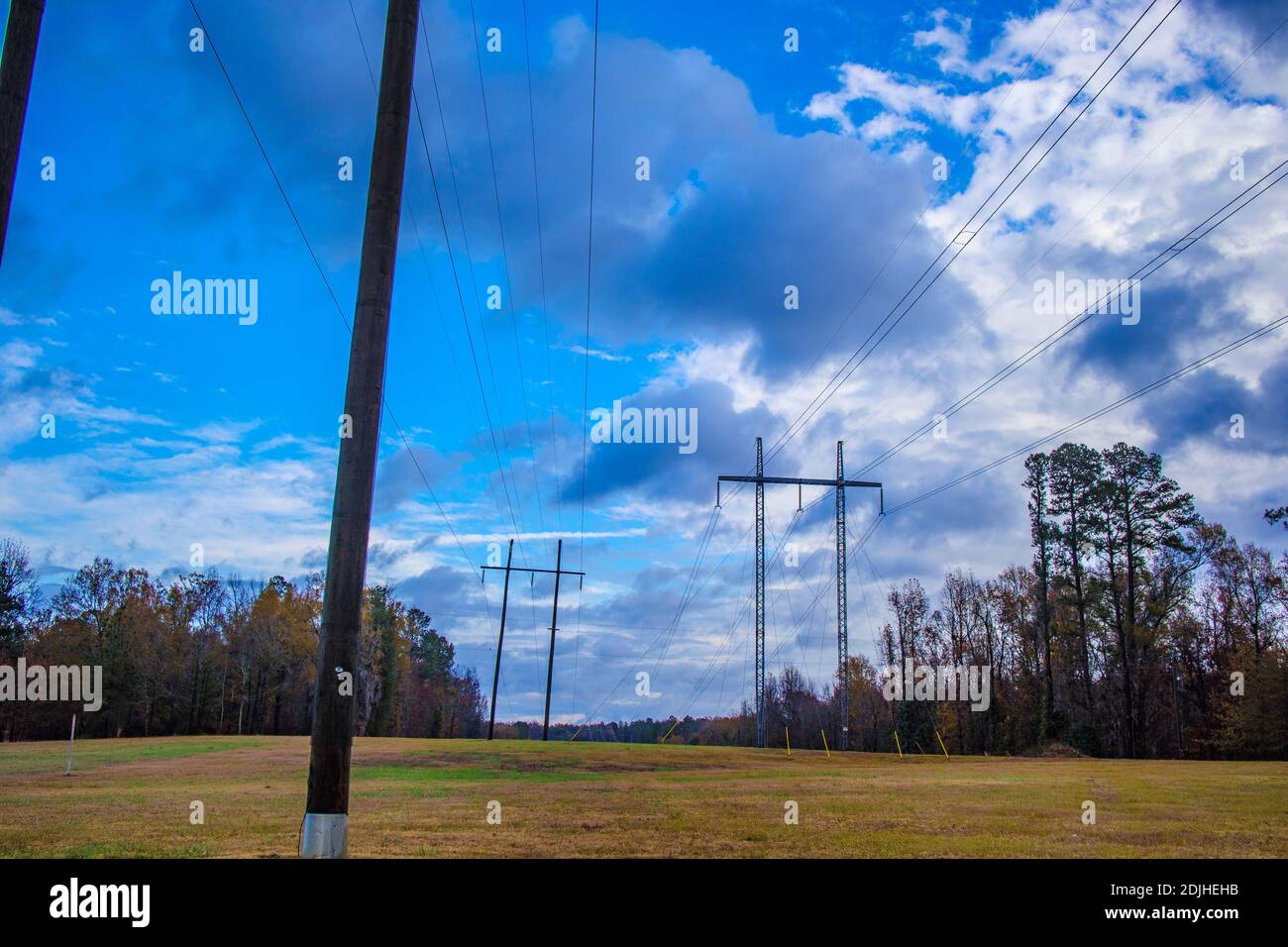 Burke County, Ga USA - 12 14 20: Power poles and lines through a path ...