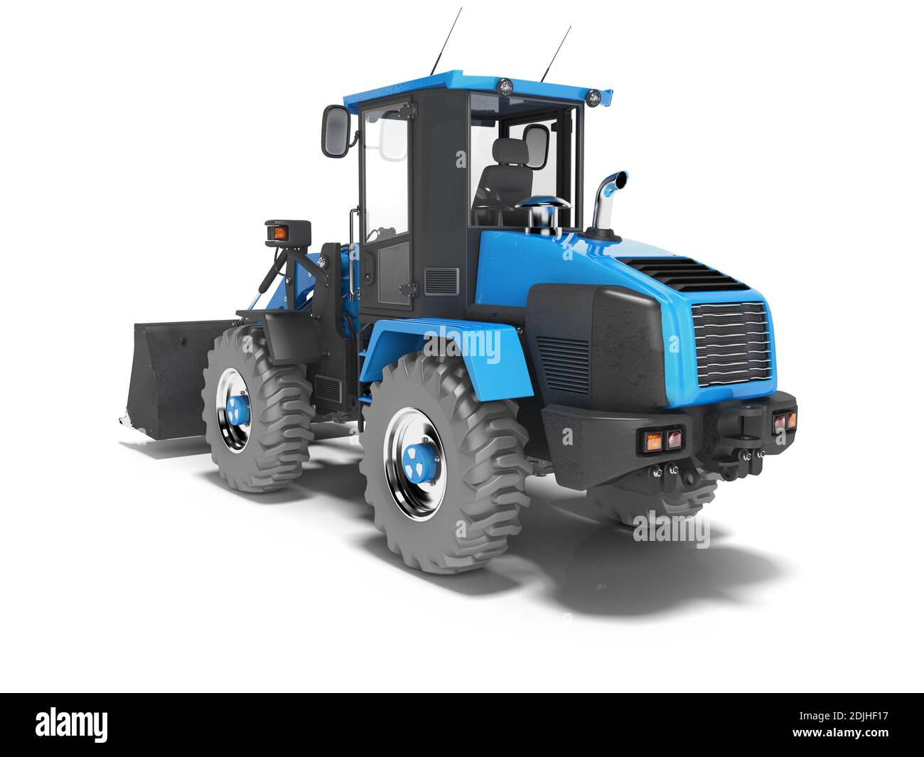Blue road front loader rear view 3D rendering on white background with ...