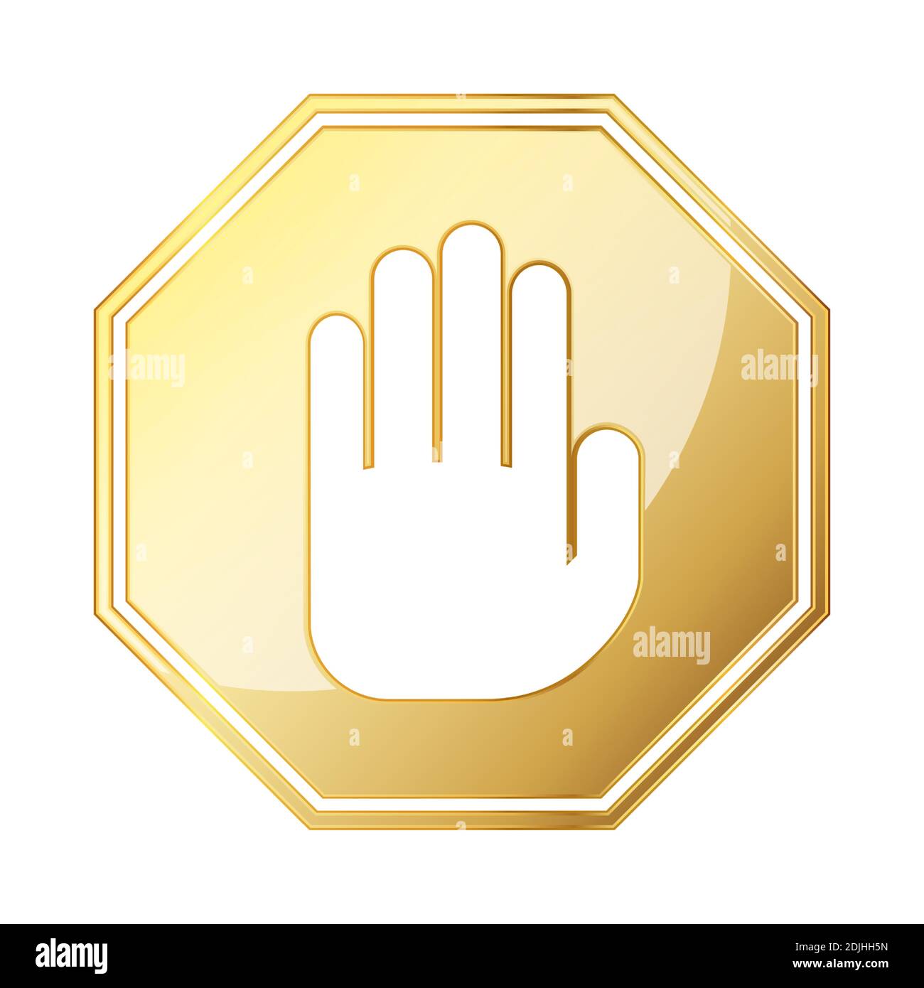 Stop hand icon. Gold vector illustration. Gold warning symbol on white ...