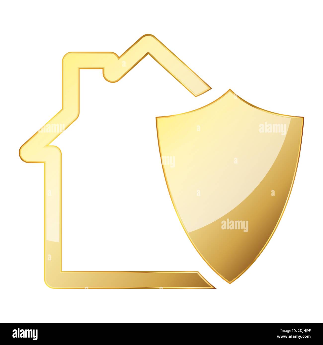 House with shield icon. Gold vector illustration. Gold safety sign ...
