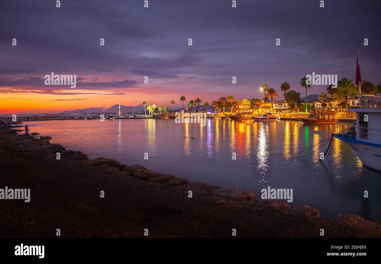 A view from the Ancient City Harbor of Side, long exposure and colored ...