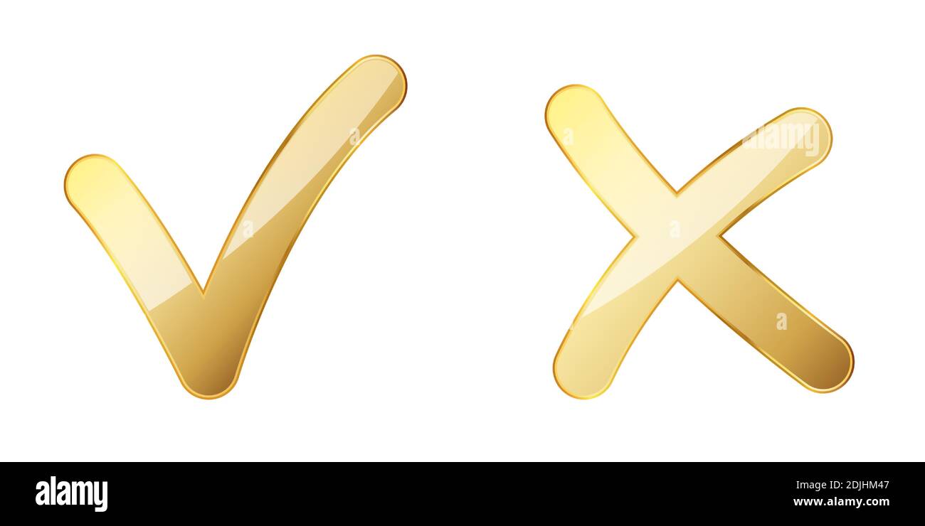 Check and reject icon. Gold vector illustration. Gold approved sign ...