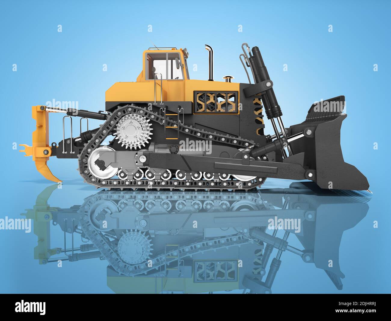Career technology bulldozer orange side view 3D rendering on blue ...