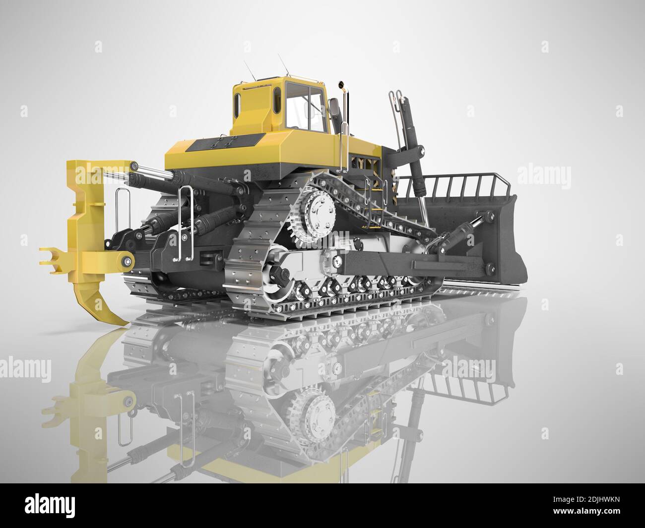 Career technology bulldozer yellow rear view 3D rendering on gray ...