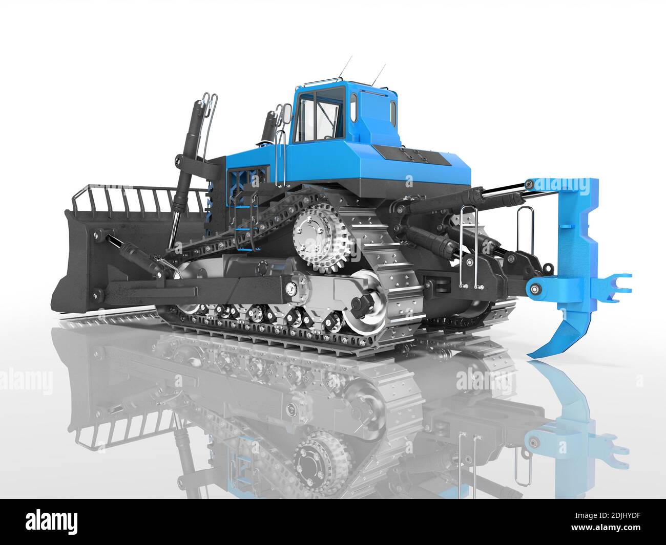 Career technology caterpillar blue bulldozer 3D rendering on white ...