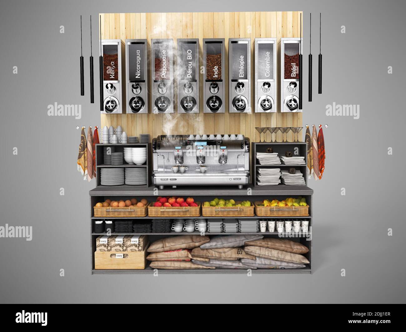 Concept coffee shop equipment with professional coffee machine 3d ...