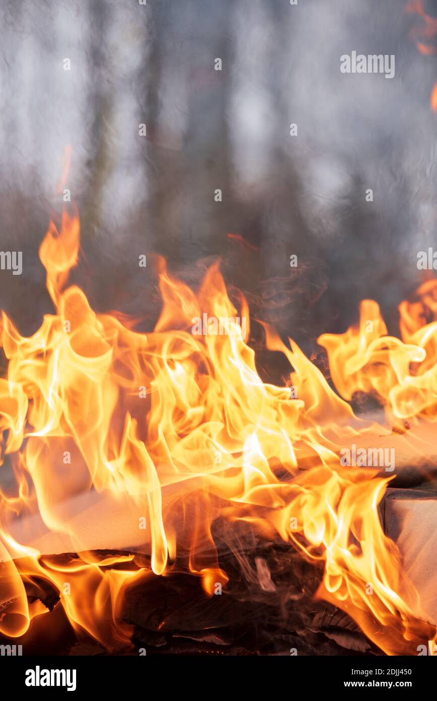 Fire flames, burning pile of cardboard and waste paper Stock Photo - Alamy