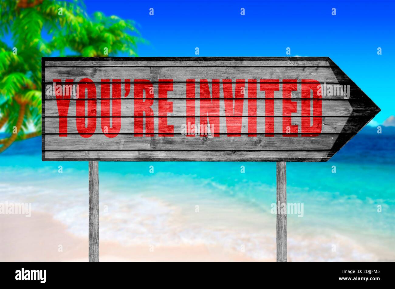 Red You're Invited! wooden sign with a beach on background Stock Photo ...