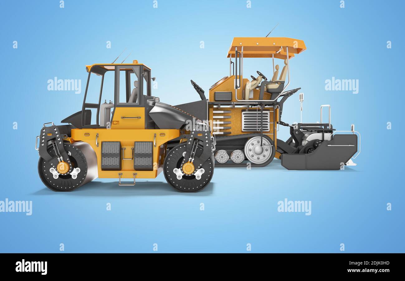 Construction machinery asphalt spreader machine and road roller working ...