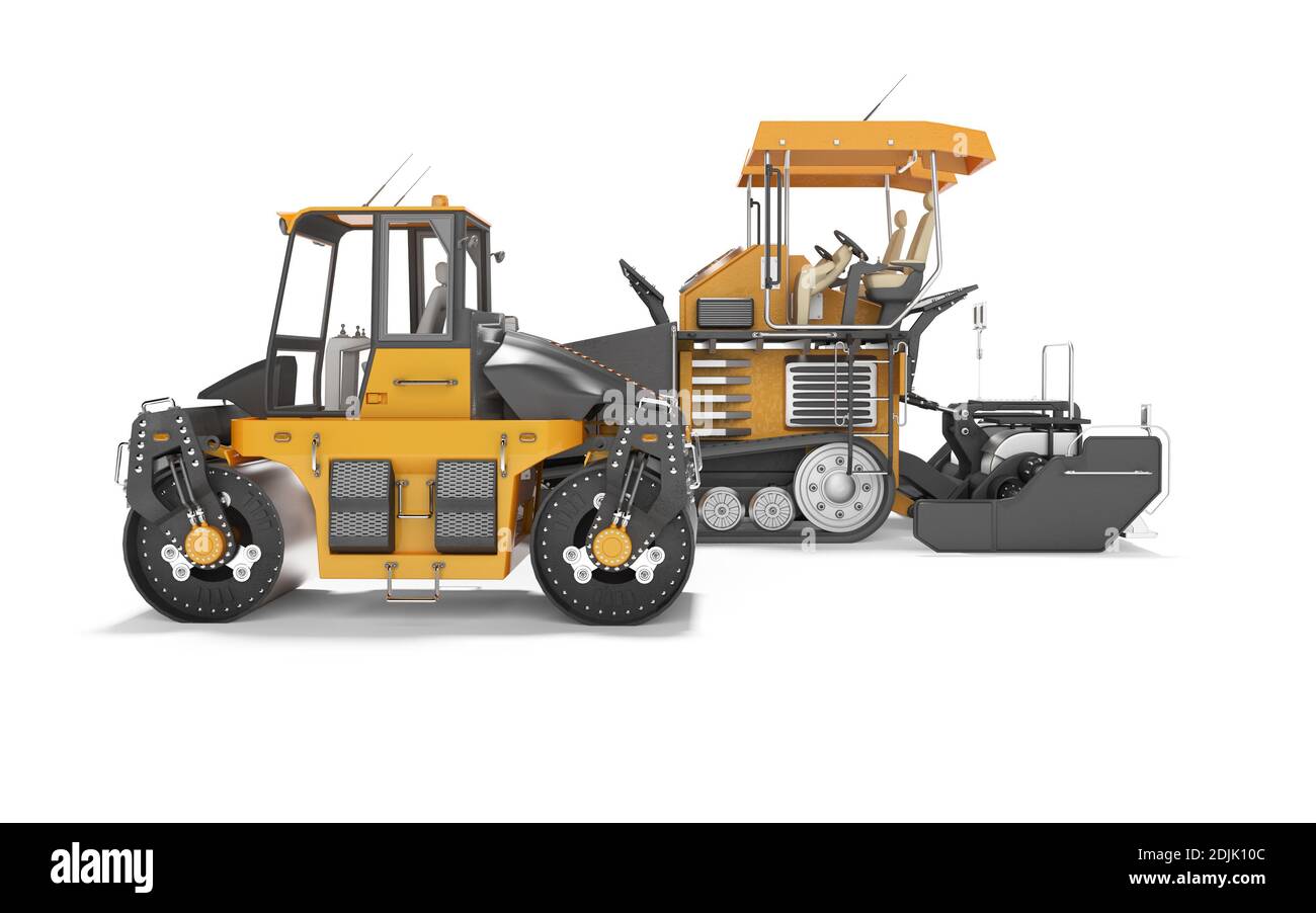 Construction machinery asphalt spreader machine and road roller working ...