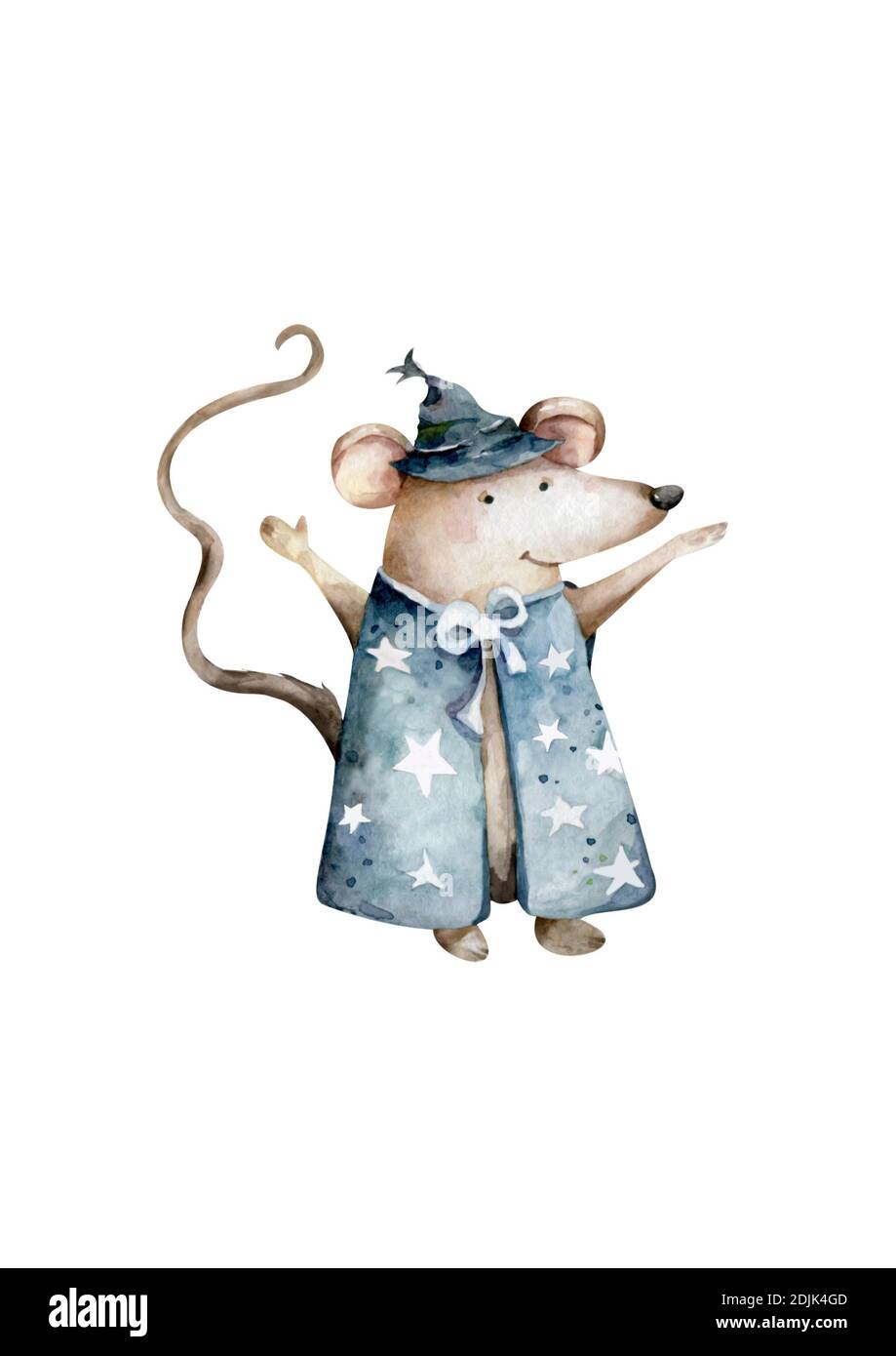 Hand drawn illustration of a cute funny mouse magician in pointy hat ...