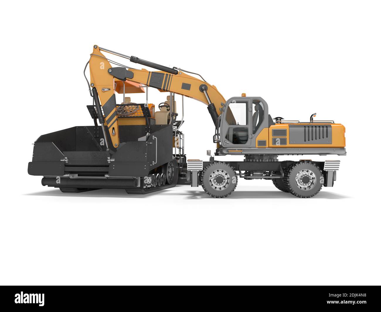 Construction road machinery loading wheeled excavator on an asphalt ...