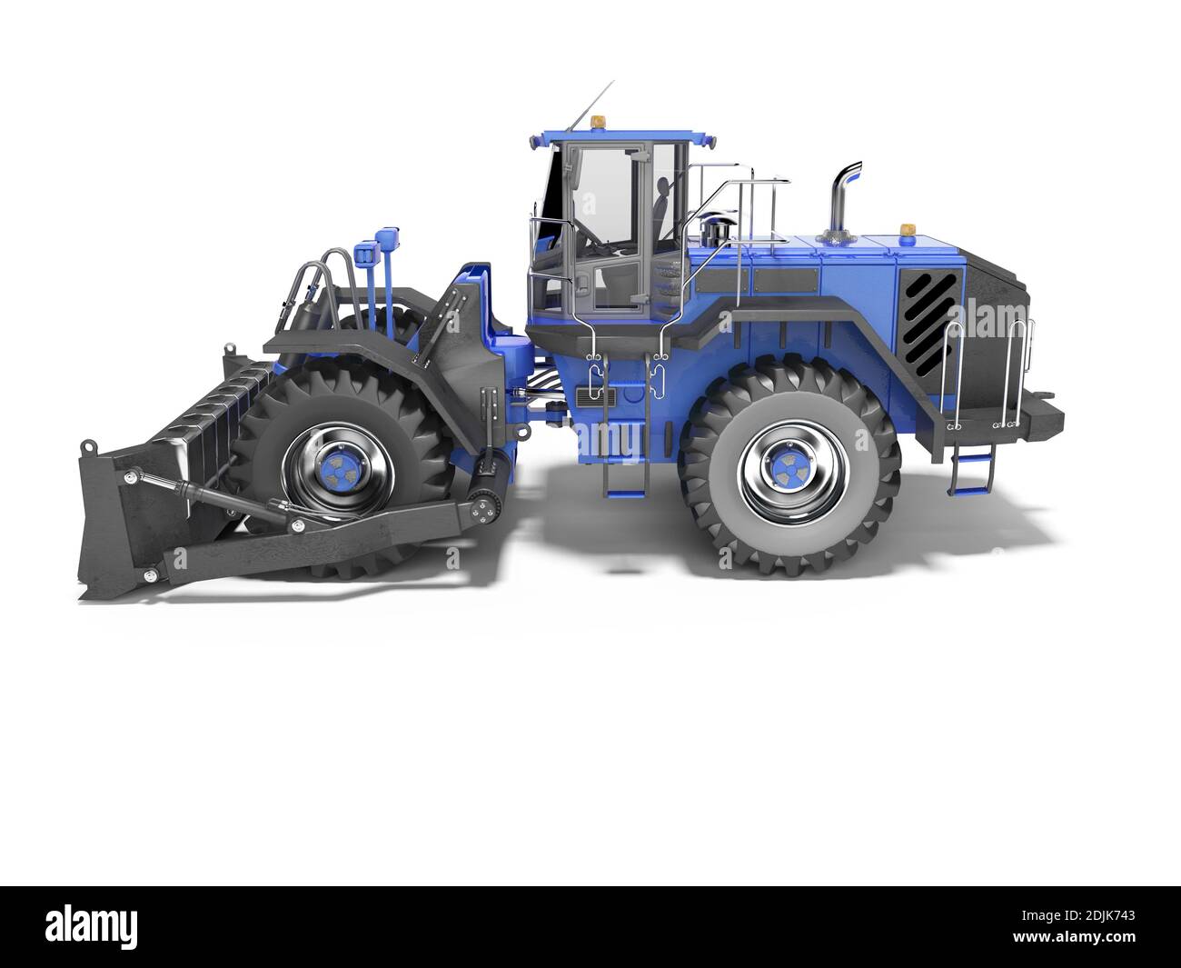 Dark blue wheel bulldozer for working with stones 3D rendering on white ...