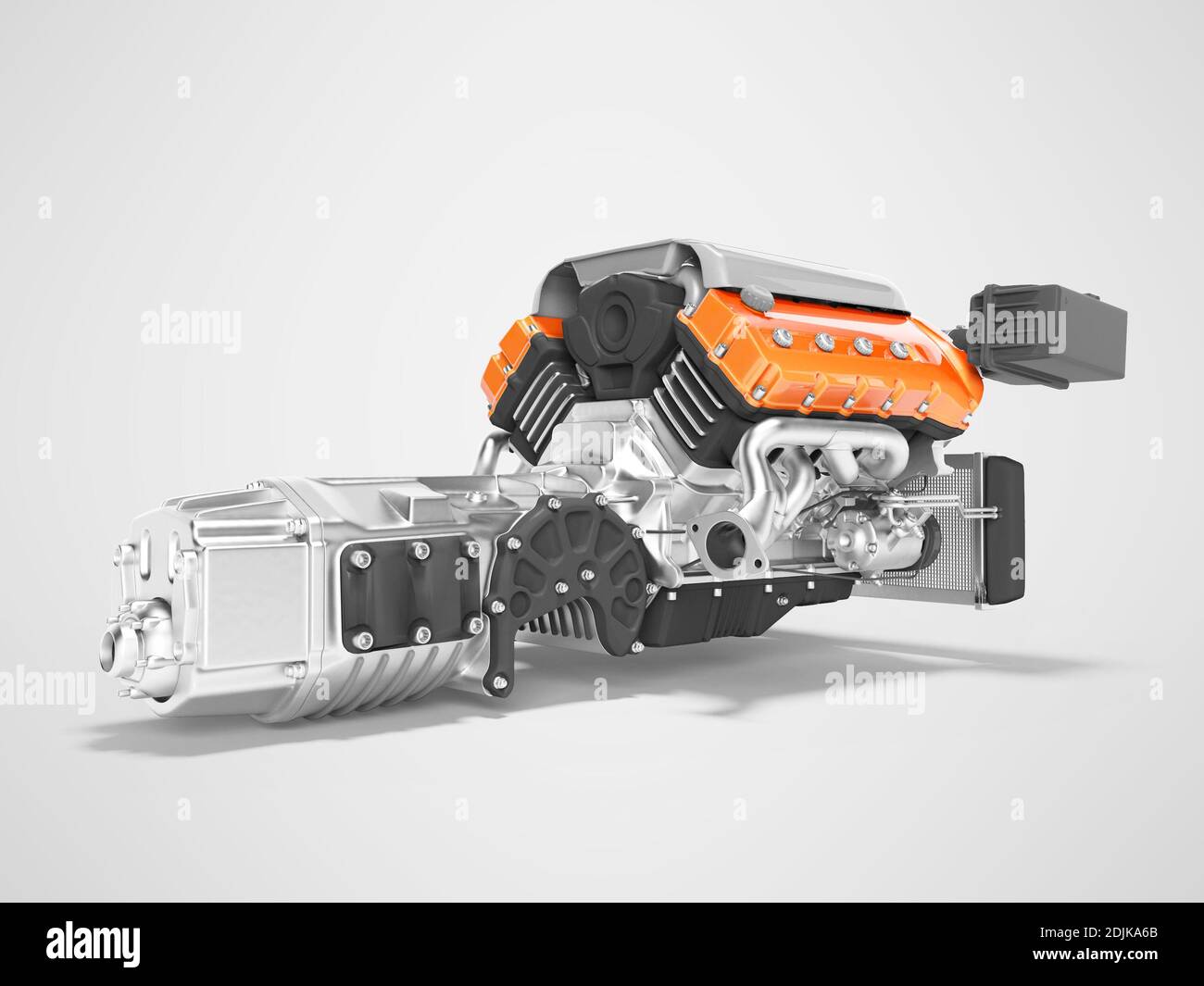 Engine for car assembly with gearbox rear view 3D render on gray ...