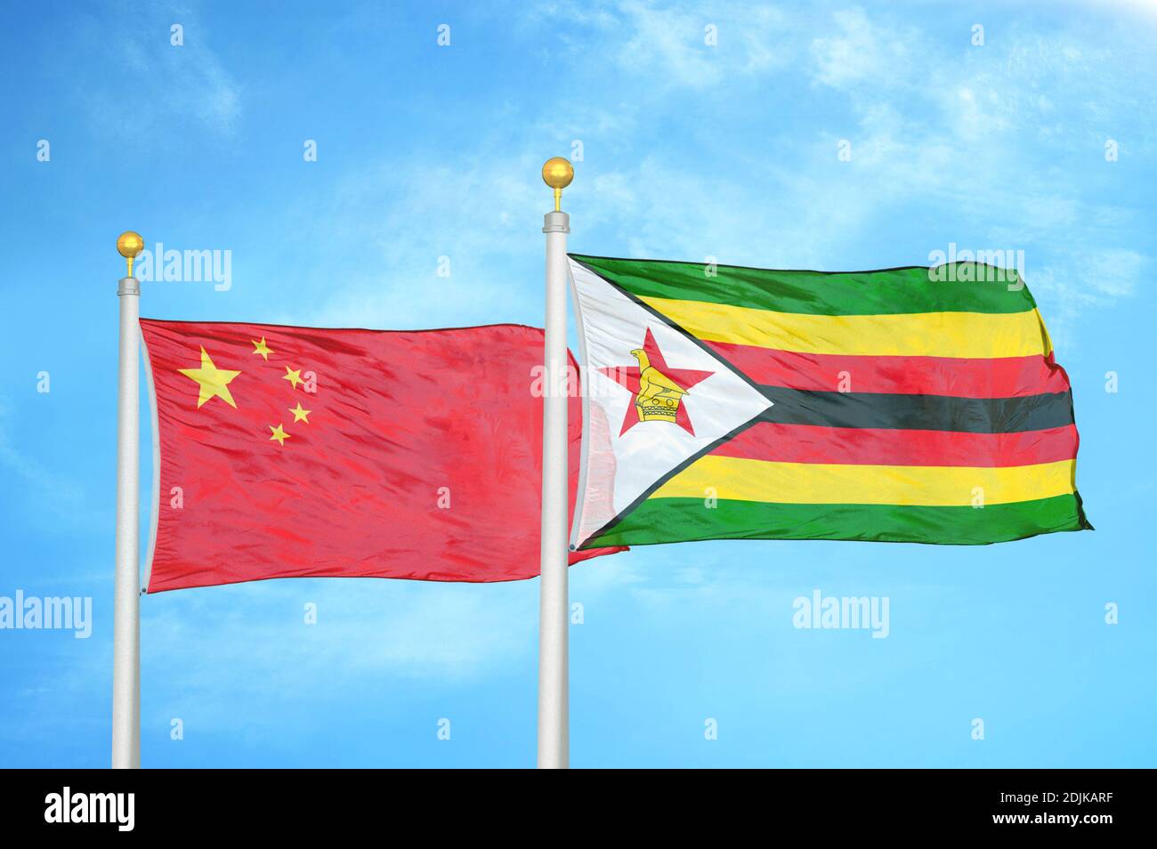 China and Zimbabwe two flags on flagpoles and blue cloudy sky Stock ...
