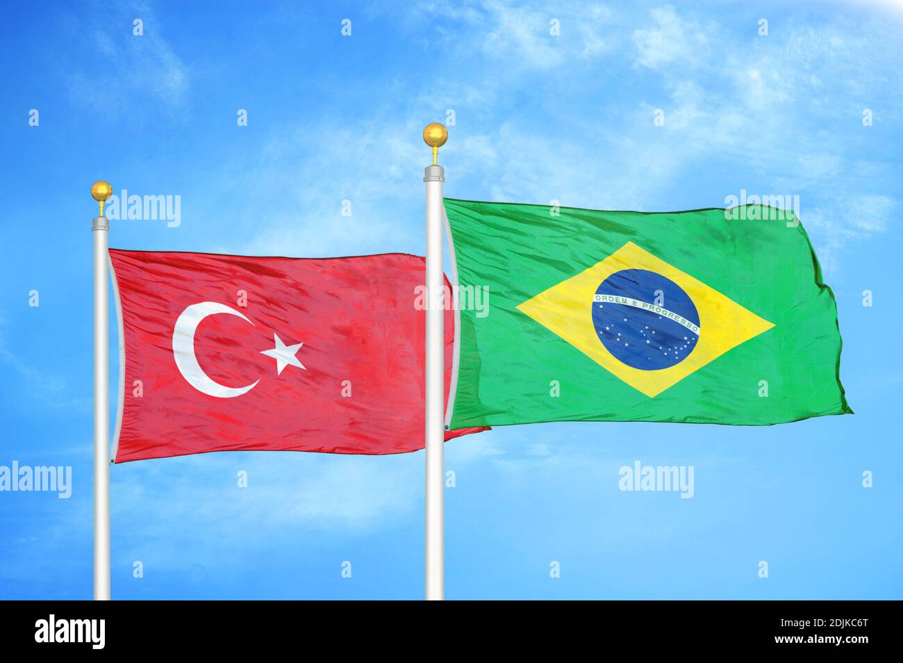 Turkey and Brazil two flags on flagpoles and blue cloudy sky Stock ...