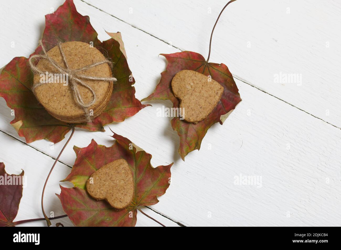 Gingerbread cookies tied with twine and autumn maple leaves. On boards ...