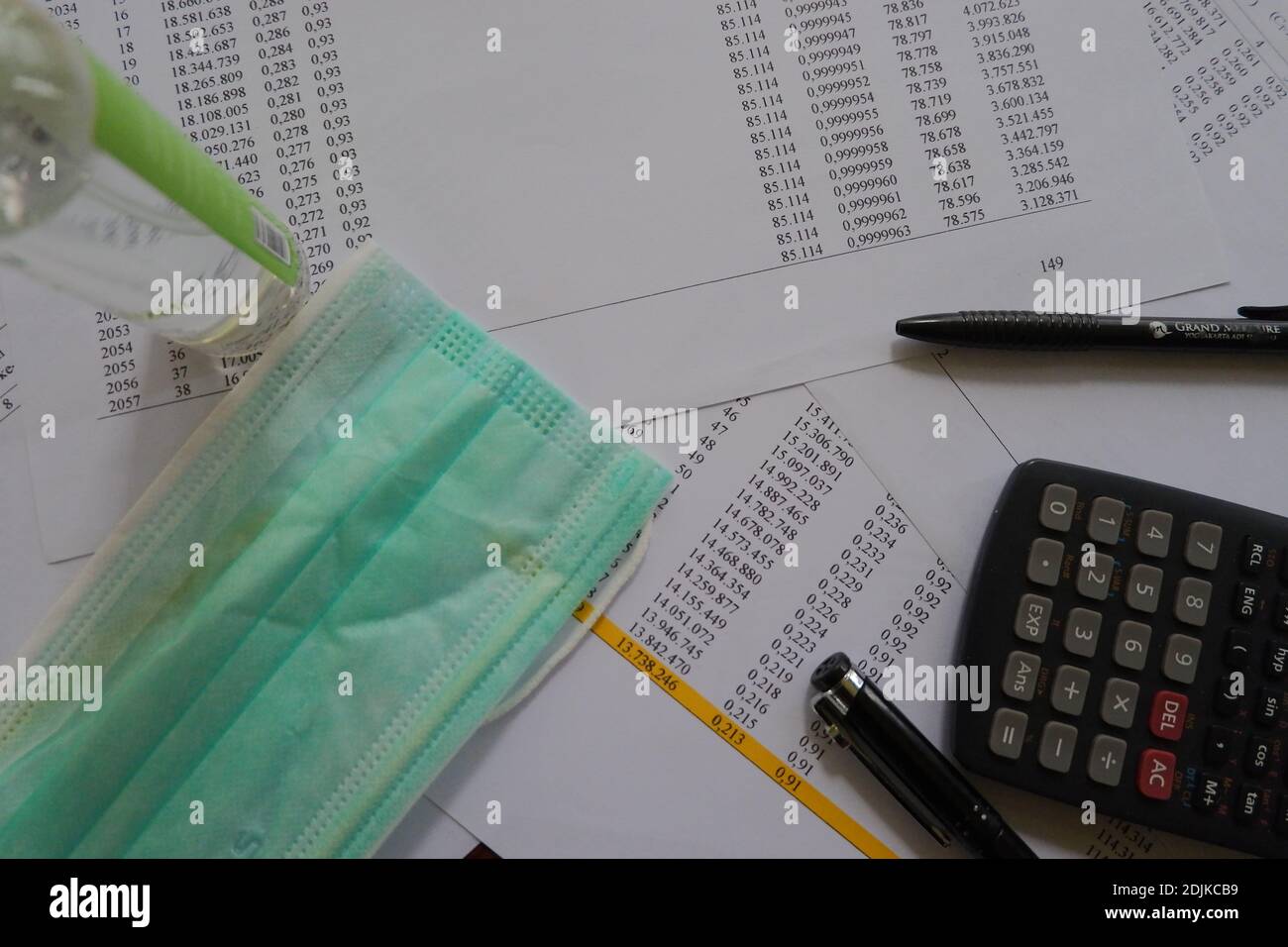 A top view shot of the medical mask, calculator, antiseptic, and a pen ...