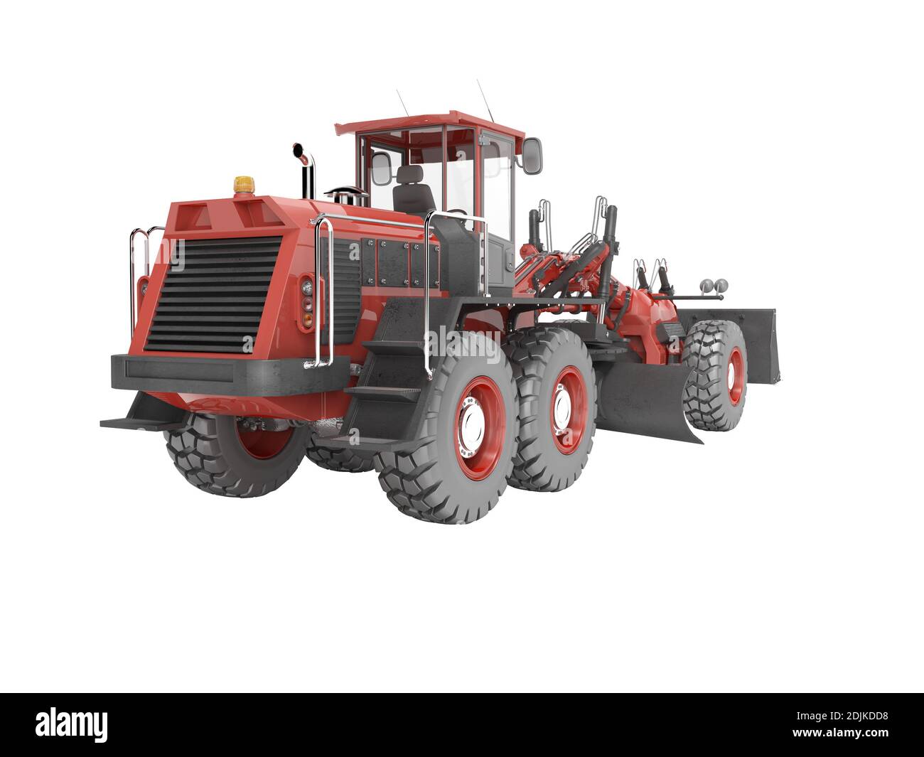 Grader for dumping and leveling the road rear view 3D rendering on ...